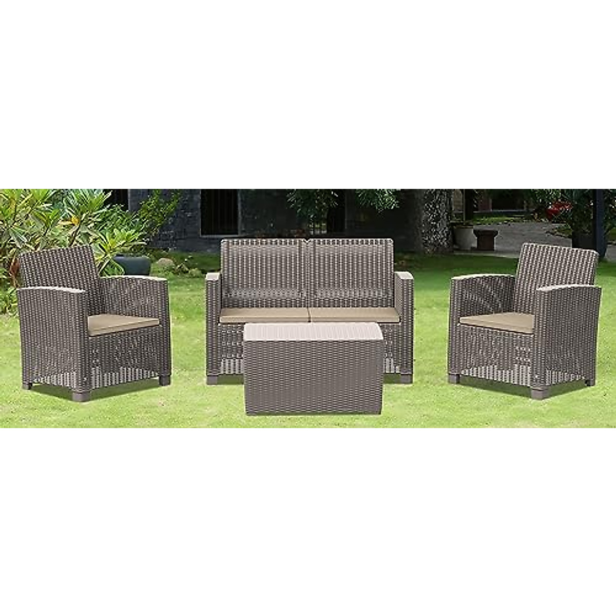 yoyomax 4 Pieces Furniture Clearance, Modern Outdoor Cushion, All Weather Patio Conversation Sofa Set w/ 3 Chairs, Coffee Table-Ideal for Garden, Poolside, 4PCS, Black with Gray