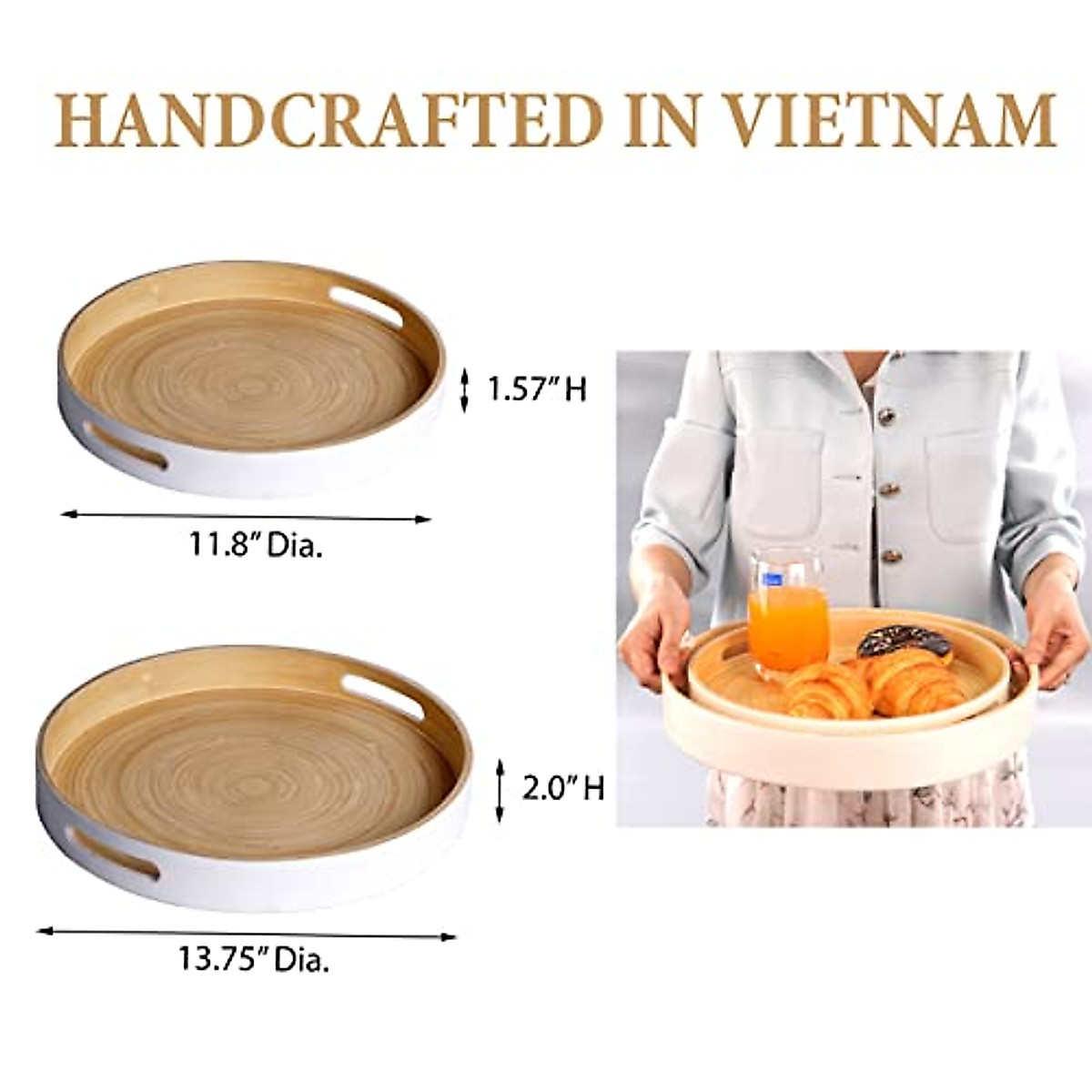 Bamboo Serving Tray with Handles Set of 2, Round Shallow Bamboo Tray, Natural Bamboo Wood Decorative Rustic Trays for Coffee Table, Tea, Food, Cocktail, Drink, Ottoman, Breakfast Party (Matte White)