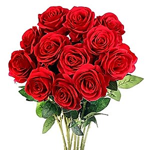 Mocoosy 12 PCS Red Rose Artificial Silk Flowers, Fake Roses with Long Stems Realistic Faux Rose Flower Bouquets for Wedding Decorations Bridal Shower Centerpieces Arrangement Party Home Table Decor