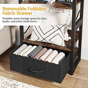 Hosfais Small Bookshelf with Drawer: 4-Tier Wood Book Shelf Industrial Narrow Bookcase Storage Organizer Metal Stackable Shelves for Desktop Bedroom Living Room Home Office (Rustic Brown)