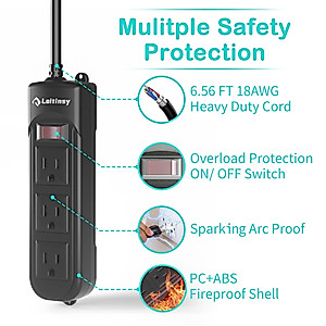 Loitinsy Outdoor Power Strip Weatherproof, Waterproof Flat Plug with 3 Outlets, 6.5 FT Extension Cord, Overload Protection and Shockproof, Suitable for Home and Outside, Wall Mountable, Black