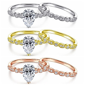 Vintage Wedding Ring Set for Women Bridal Sets Wedding Rings, 1 Carat Center Round/Radiant/Pear Cut Moissanite Engagement Ring Set 925 Sterling Silver 10K 14K 18K Gold Free Engraving(Style 2 - Pear Cut)