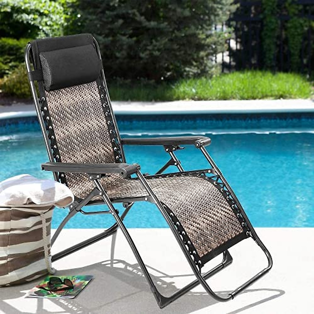 Omelaza Outdoor Zero Gravity Lounge Chair, Adjustable Reclining Patio Folding Chair with Headrest and Cup Holder, All-Weather Rattan Wicker for Pool, Yard, Garden - Grey