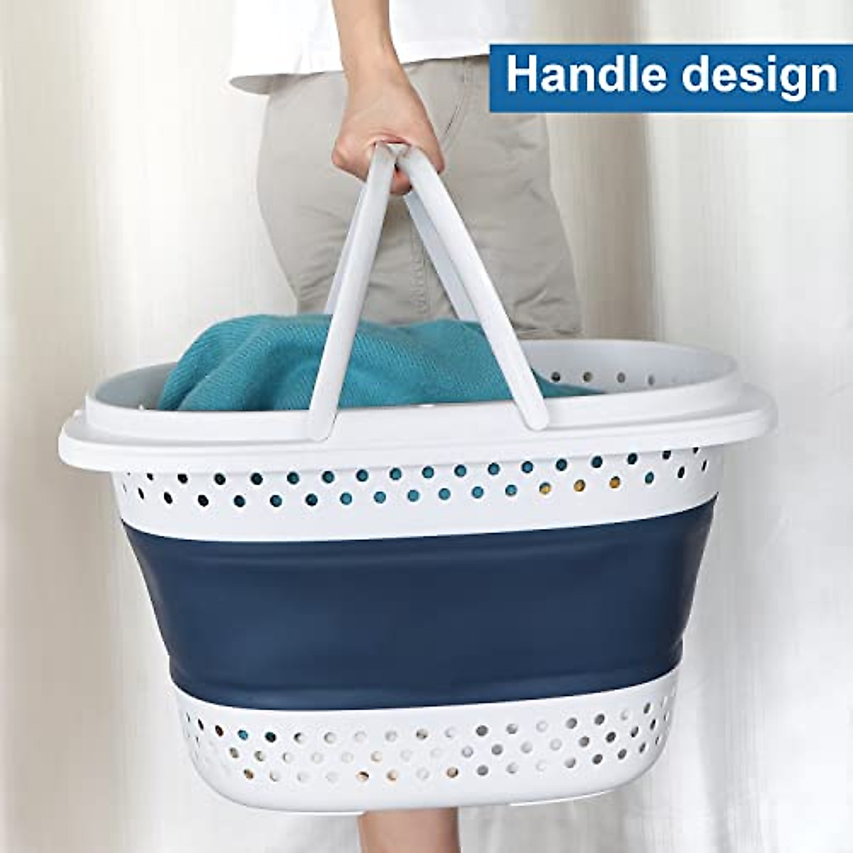 Nancyber Collapsible Plastic Laundry Basket, 42L Large Laundry Hamper with Handles, Foldable Pop Up Storage Container/Organizer, Portable Clothes Hampers/Baskets in the Dorm & Family, White & Blue