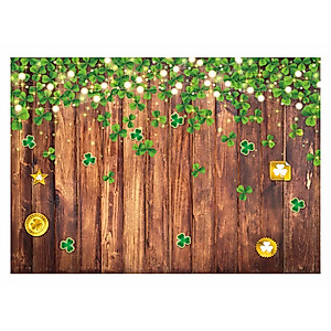 Allenjoy 82" x 59" St. Patrick's Day Backdrop Glitter Rustic Wood Green Lucky Shamrock Gold Coins Photography Background for Kids Baby Shower Birthday Party Decor Banner Portrait Photo Booth Props