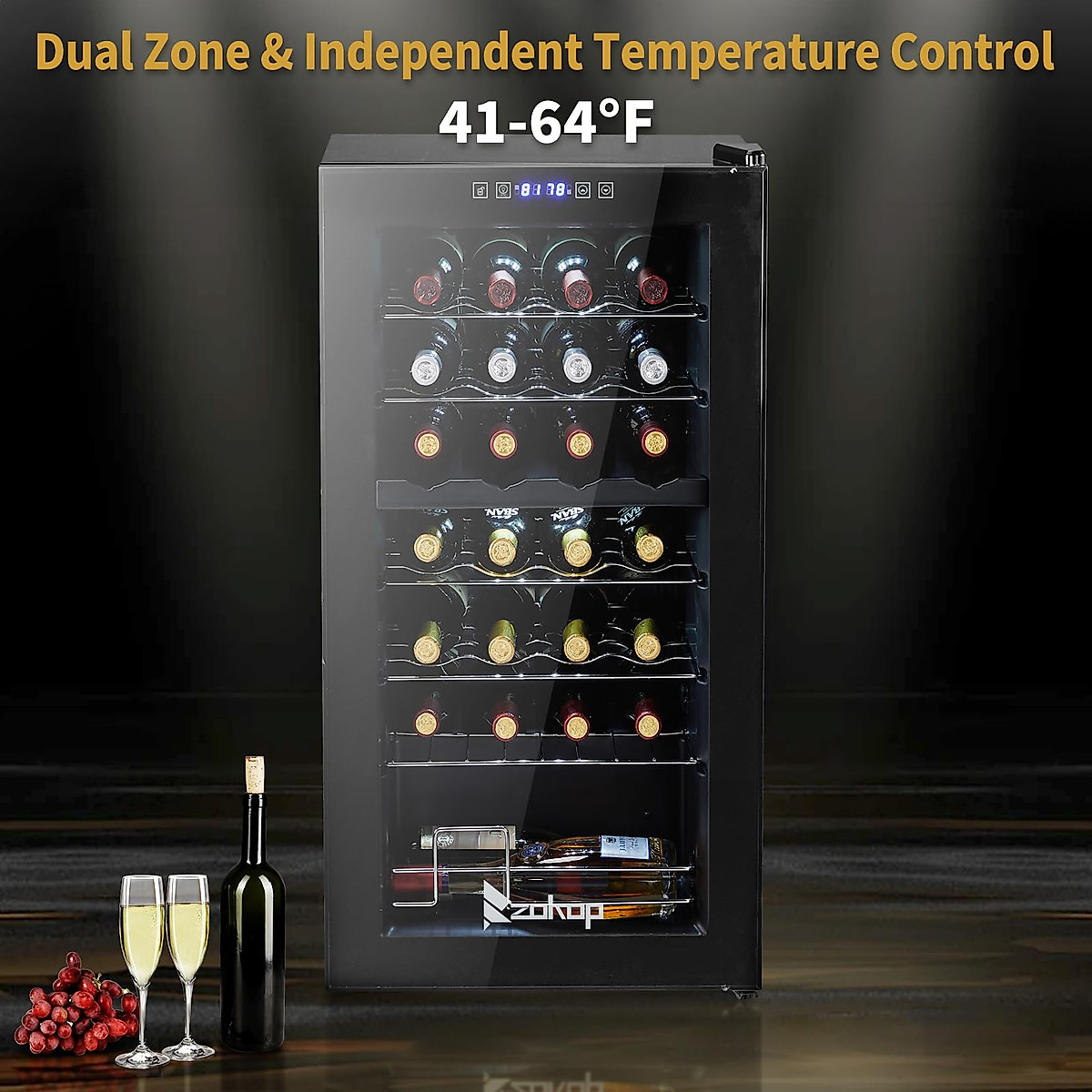Winado 28-Bottle Dual Zone Compressor Wine Cooler, Freestanding Compact Mini Wine Fridge with Adjustable Temperature, Digital Control & Removable Shelves for Wine Storage