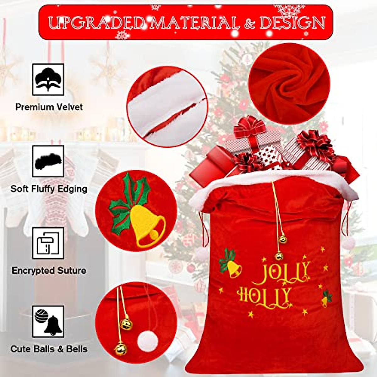 Giant Christmas Santa Sack Velvet Santa Bags for Gifts Extra Large with Cord Drawstring 25 * 36in Red Present Sack Jolly Holly