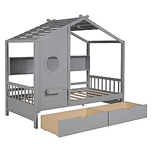 Harper & Bright Designs Wooden Twin Size House Bed Frame with 2 Drawers for Boys Girls Kids Toddler,Kids Bed with Storage Shelf, Gray