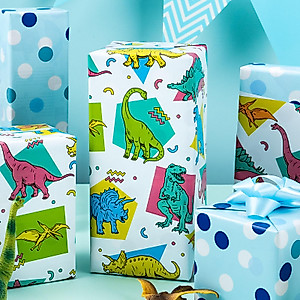 MAYPLUSS Wrapping Paper Sheet - Folded Flat - 3 Large sheets - Green Dinosaurt Design(22.6 sq.ft.ttl) - 27.5 inch X 39.4 inch Per Sheet