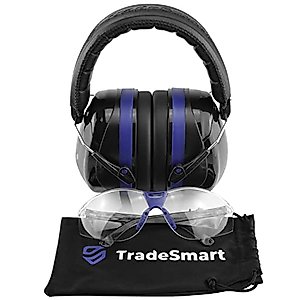 TradeSmart Safety Headphones for Women - Hearing Protection Glasses with Pouch & Earmuffs for Lawn Mowing, Construction, Yard Work, Woodworking, Blue