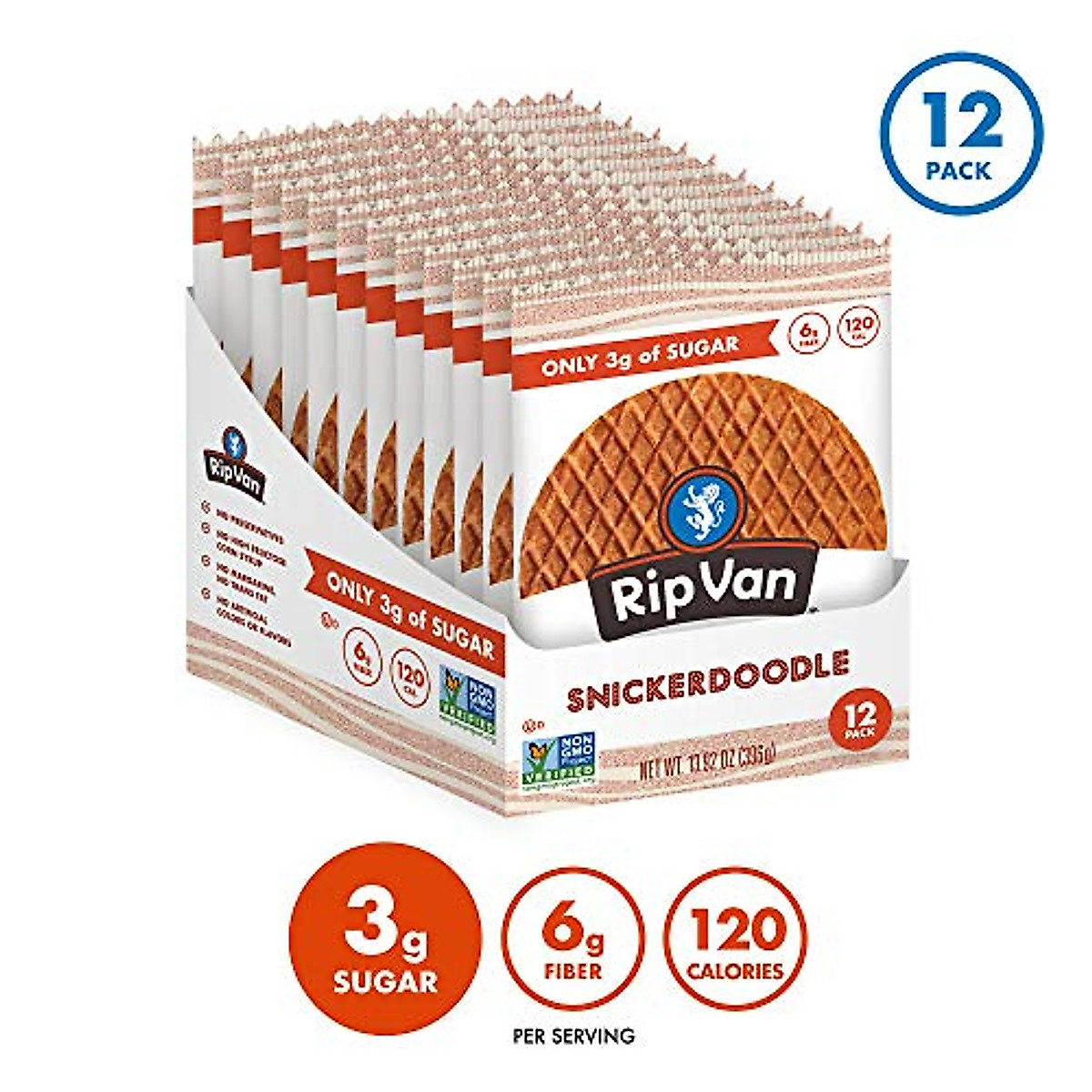 Rip Van Wafels Snickerdoodle Stroopwafels - Healthy Snacks - Non GMO- Keto Friendly - Office Snacks - Low Sugar (3g) - Low Calorie - 12 Pack