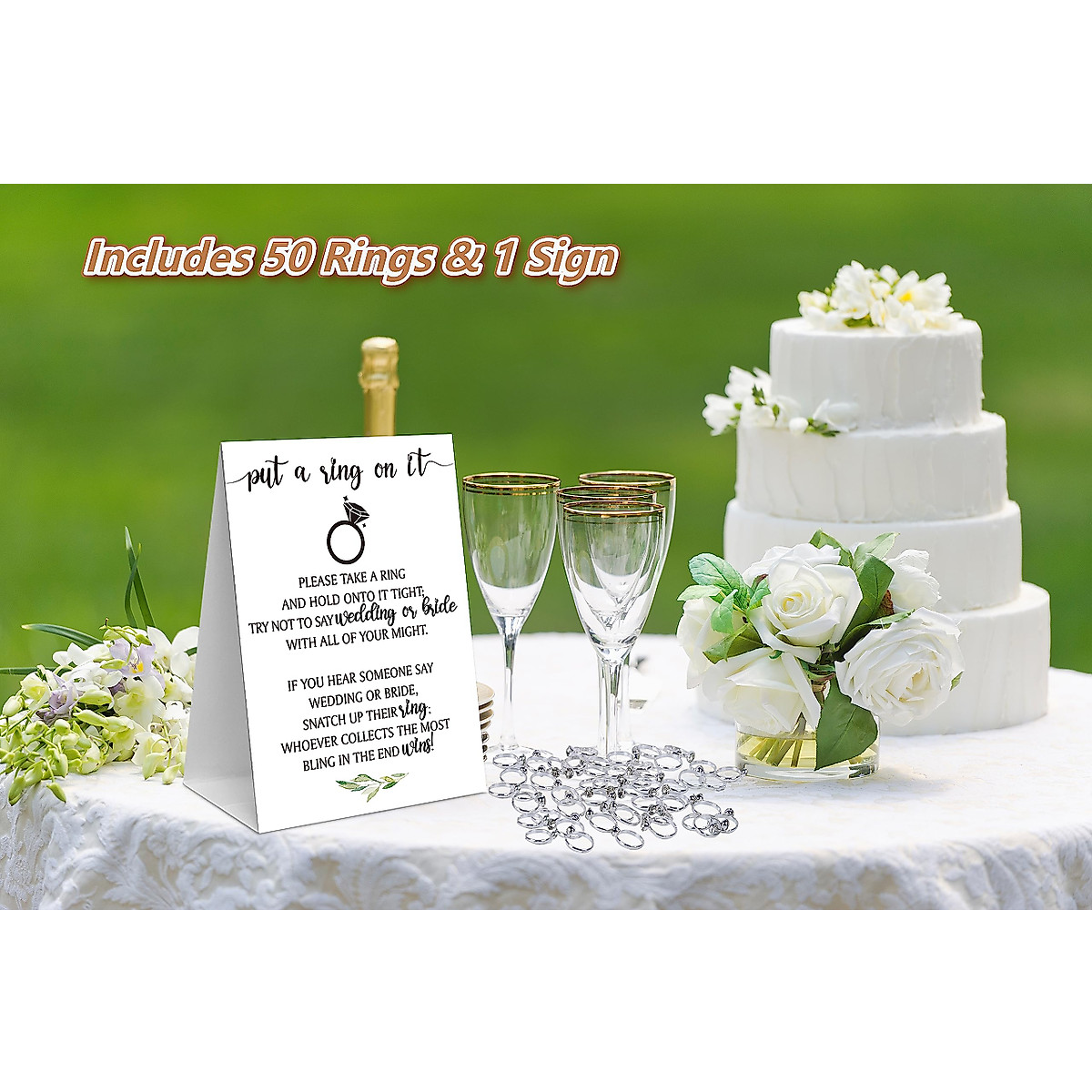 Minimalist Bridal Shower Theme Decorations,Put A Ring On It Game,Don't Say Bride Games,Bridal Shower Games,Wedding Shower,Engagement Party Games(1 Sign And 50 Plastic Diamond Rings)-3