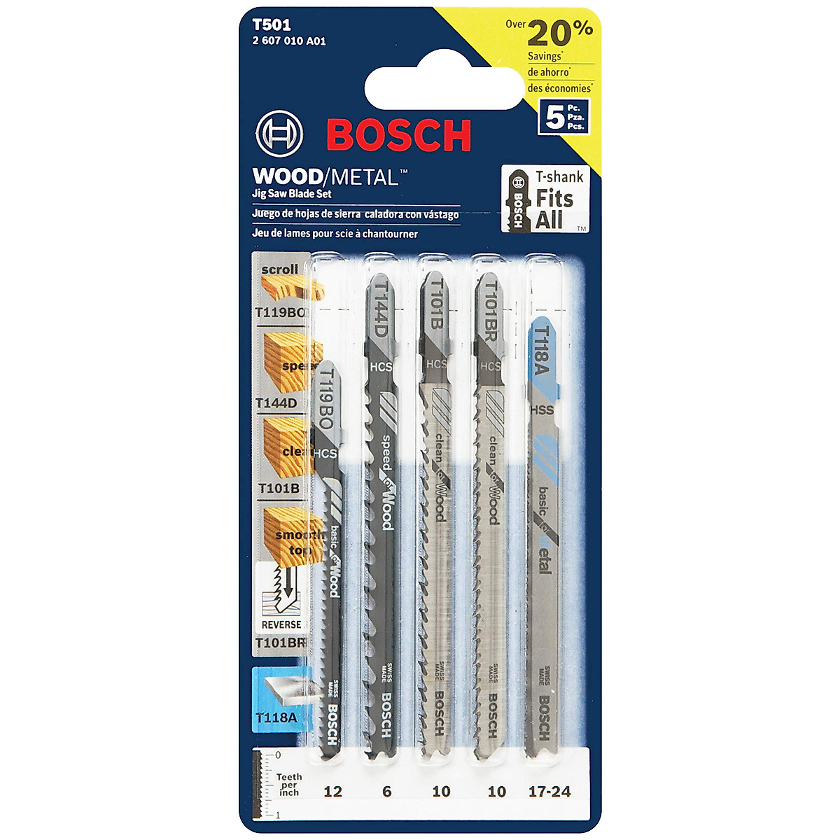 BOSCH T501 5-Piece T-Shank Wood and Metal Cutting Jig Saw Blade Set