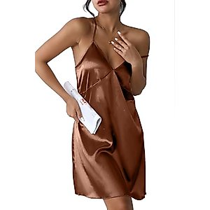 Ekouaer Satin Nightgown for Woman Silk Full Slip Dress Woman Sleepwear Lingerie Dress Silk Mini Slip Chemise Nightgown Caramel XL