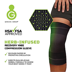 Green Drop Professional Knee Brace - Compression Sleeve Support for Men & Women - Breathable Patented Medical Grade Natural Relief Herb-Infused Support for Sports, Running, Injury Recovery, Arthritis