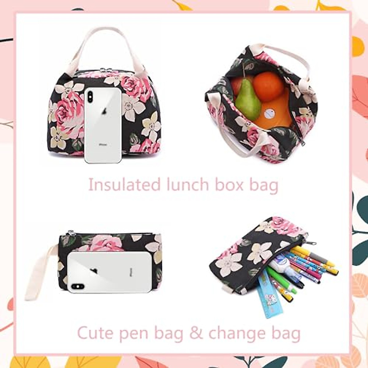 Lmeison Green Floral Backpack with Lunch Box, Girls Backpack for School Kids Backpack College Backpack Travel Backpack for Women