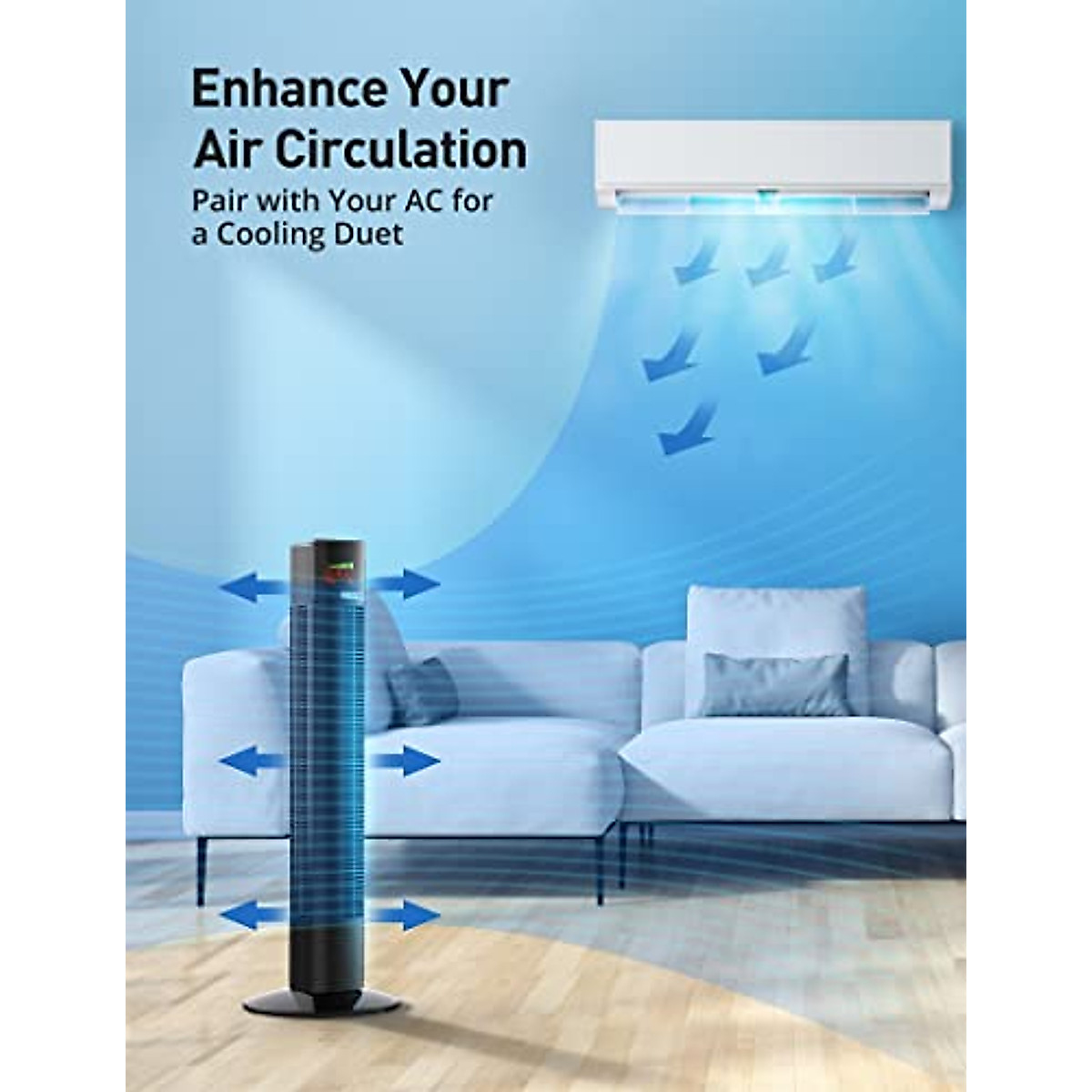 PARIS RHÔNE Tower Fan, 36” Oscillating Fan, 9 Modes, 3 Speeds, LED Display, 12H Timer, Portable Fan, Standing Floor Fan Bladeless Tower Fan with Remote for Bedroom, Living Room, Offices & Kitchen