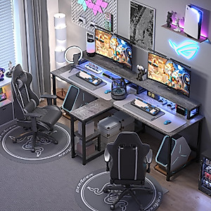 COTUBLR Two Person Desk with Monitor Stand, 83.7 Inch Extra Long Computer Desk 2 Person Desk with Storage Shelves, Double Long Desk Study Writing Desk Workstation for Home Office, Grey Oak