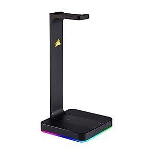 Corsair ST100 RGB Premium Headphones/Headset Stand (Durable Aluminium Construction, Dynamic 9 Zone RGB Lighting, Built-in 3.5 mm Analog Input with Virtual 7.1 Surround, Dual USB, Black