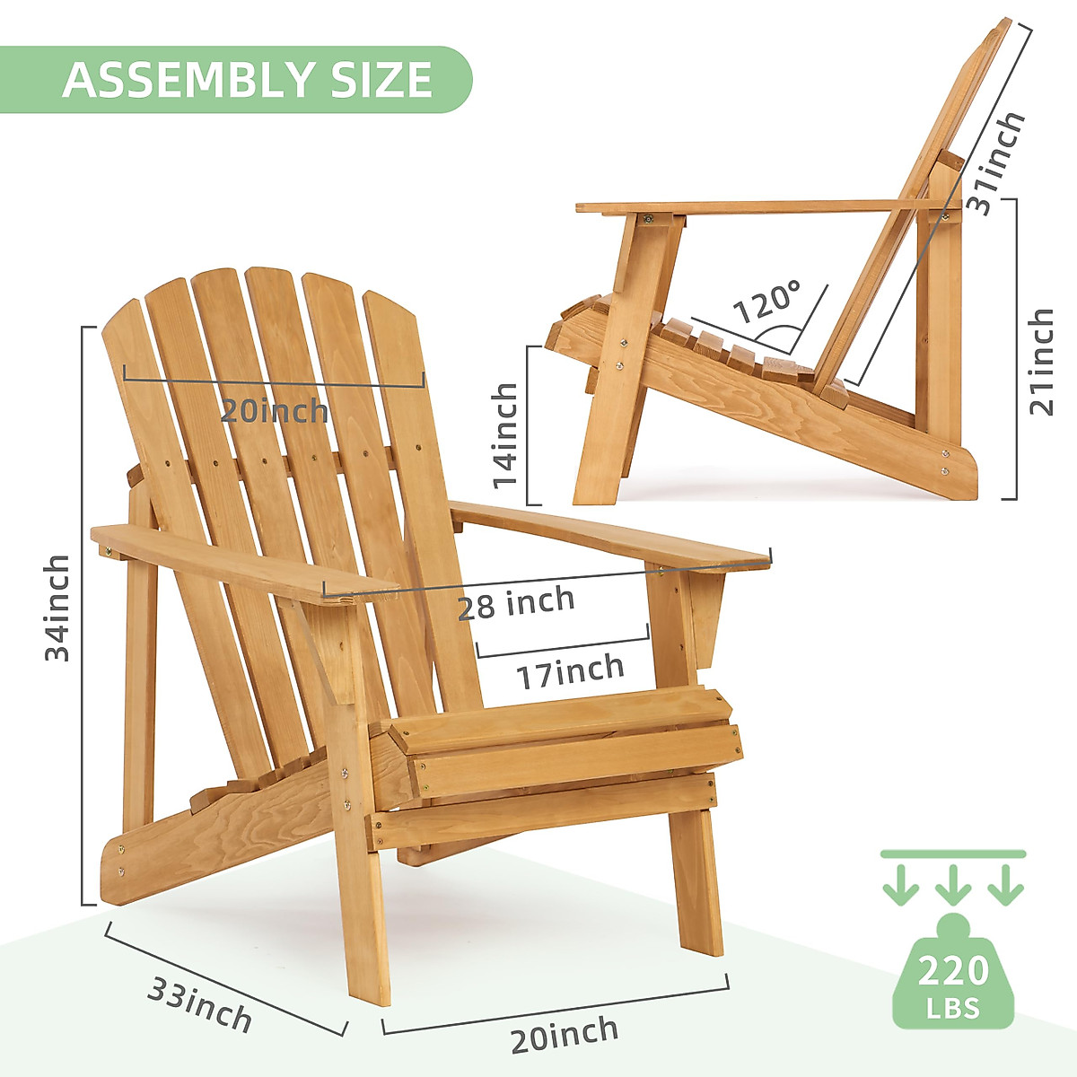 Outdoor Wooden Adirondack Chair with Pre-Assembled BackRest & SeatBoard, Patio Chair for Garden Backyard Lawn Deck Pool Beach Firepit