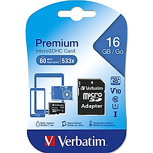 Verbatim 16GB Premium microSDHC Memory Card with Adapter, UHS-I V10 U1 Class 10, Black (44082)