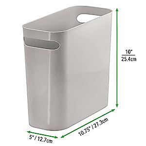 mDesign 2 Piece Combo - Slim Plastic Trash Can with Built-in Handles & Toilet Bowl Brush & Holder for Bathroom Storage and Organization - Set of 2 - Gray