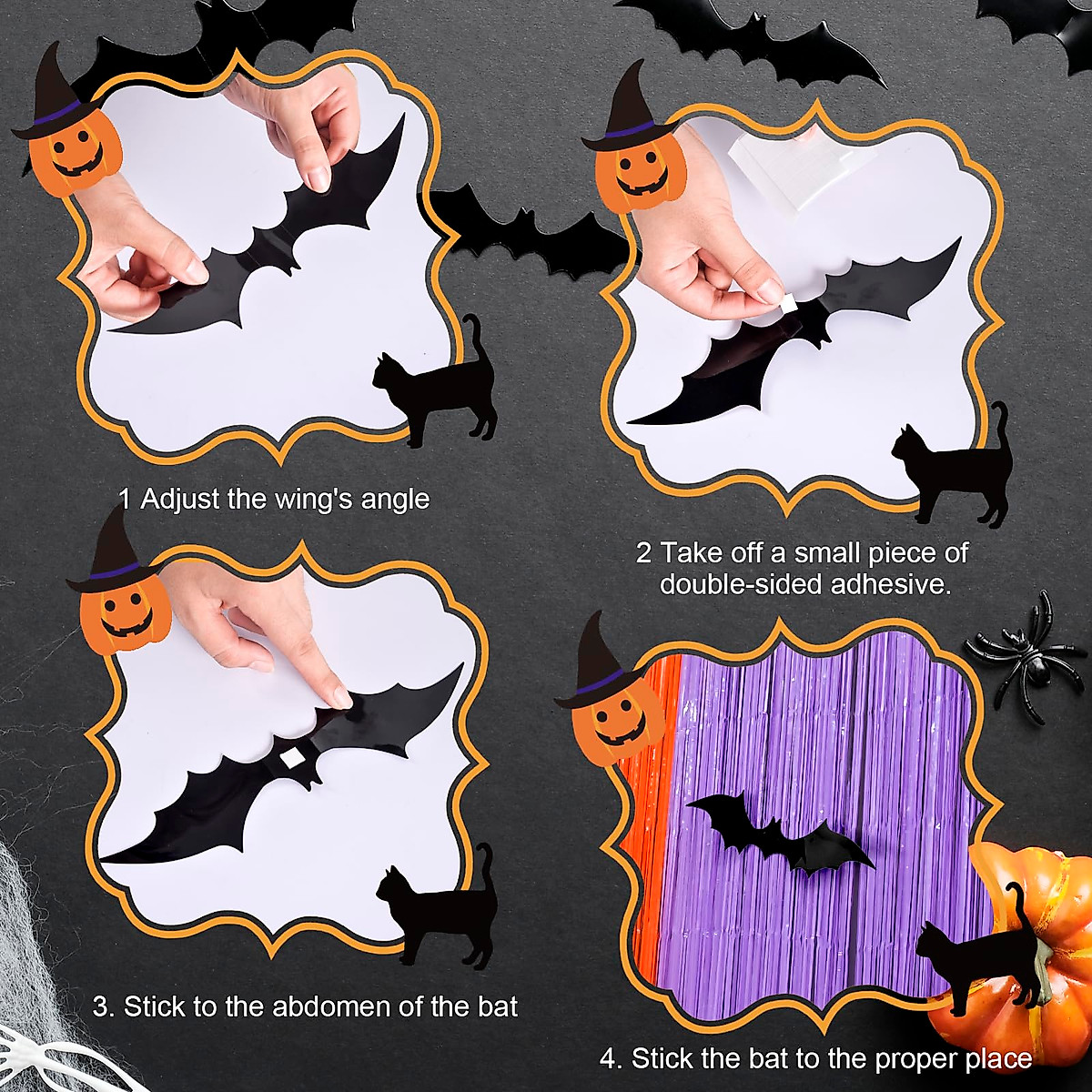 Mega-L Halloween Foil Fringe Curtains, 3 Pack Orange Purple Black Photo Booth Props, 18 Pcs PVC Bat and Spider Stickers Decals Wall Decor, Halloween Backdrop for Halloween Party Decoration