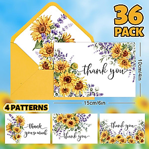 Whaline 36 Packs Sunflower Thank You Cards Spring Summer Flower Greeting Cards Floral Blank Note Cards with Envelopes and Stickers for Wedding Birthday Baby Shower Party, 4 x 6 Inch