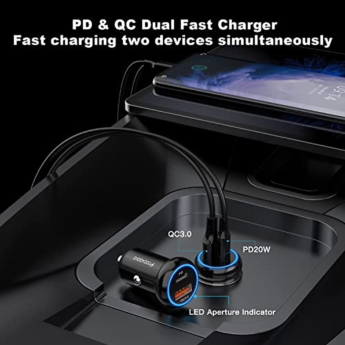 USB C Car Charger Adapter - Portable All-Metal Stocaggio 38W Fast Car Charger Compatible with iPhone 14/13/12/Pro/Max, Galaxy S21/20/10/9, iPad Air 2/Mini 3, Quick Charge 3.0 Dual Ports - Black