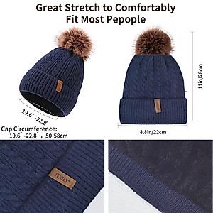 Womens Winter Beanie Hat Scarf and Gloves Set Girls Cable Beanies with Pompom Knitted Scarf Touch Screen Gloves Sets for Cold Weather Ladies Navy Blue Knit Thick Warm Soft Fleece Lined Thermal Cap