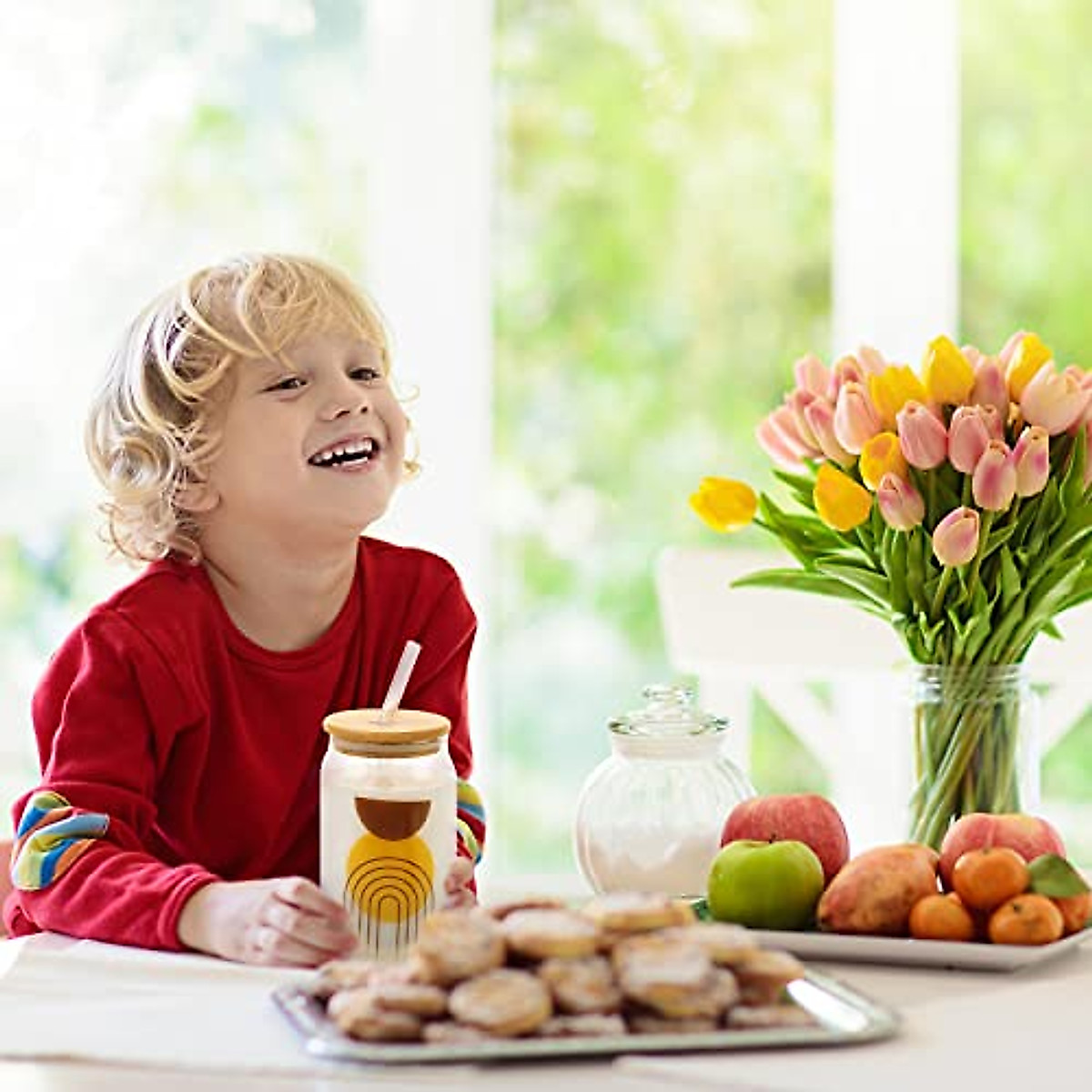 Yoiemivy 6 Pack Glass Cups with Lids and Straws, Iced Coffee Tumbler with Straw Boho Pattern Drinking Glasses16 Oz Beer Can-Shaped Glass for Iced Coffee Cola Soda Tea Juice Water