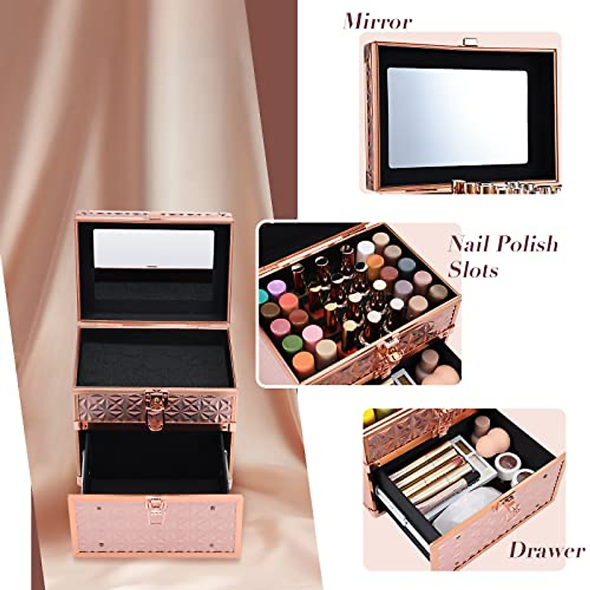 Costravio Nail Supplies Organizer Box Nail Polish Storage Case for Nail Tech or Home Use With Drawer and Slots Travel Makeup Train Case Portable Lockable - Rose Gold