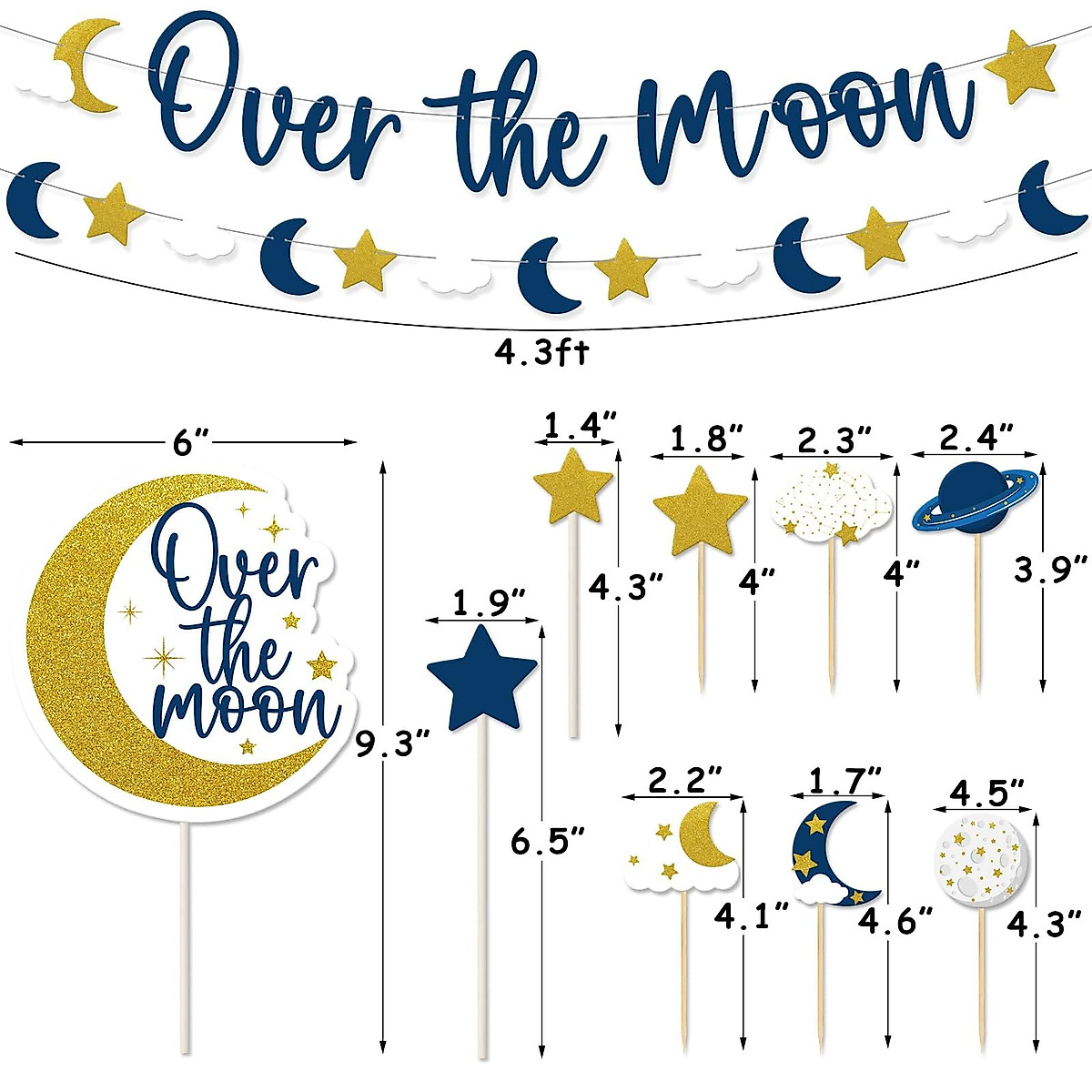 Sinasasspel Over the Moon Baby Shower Decorations Space Party Banner Moon Star Cake Cupcake Toppers Navy Blue Gold Balloons for Twinkle Twinkle Little Star Outer Space First Birthday Supplies
