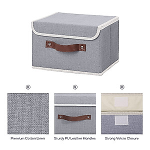 ANMINY Storage Bin with Lid Storage Boxes with PU Leather Handles PP Plastic Board Decorative Foldable Lidded Cotton Linen Fabric Home Cubes Baskets Closet Organizer Container - Gray, Small Size