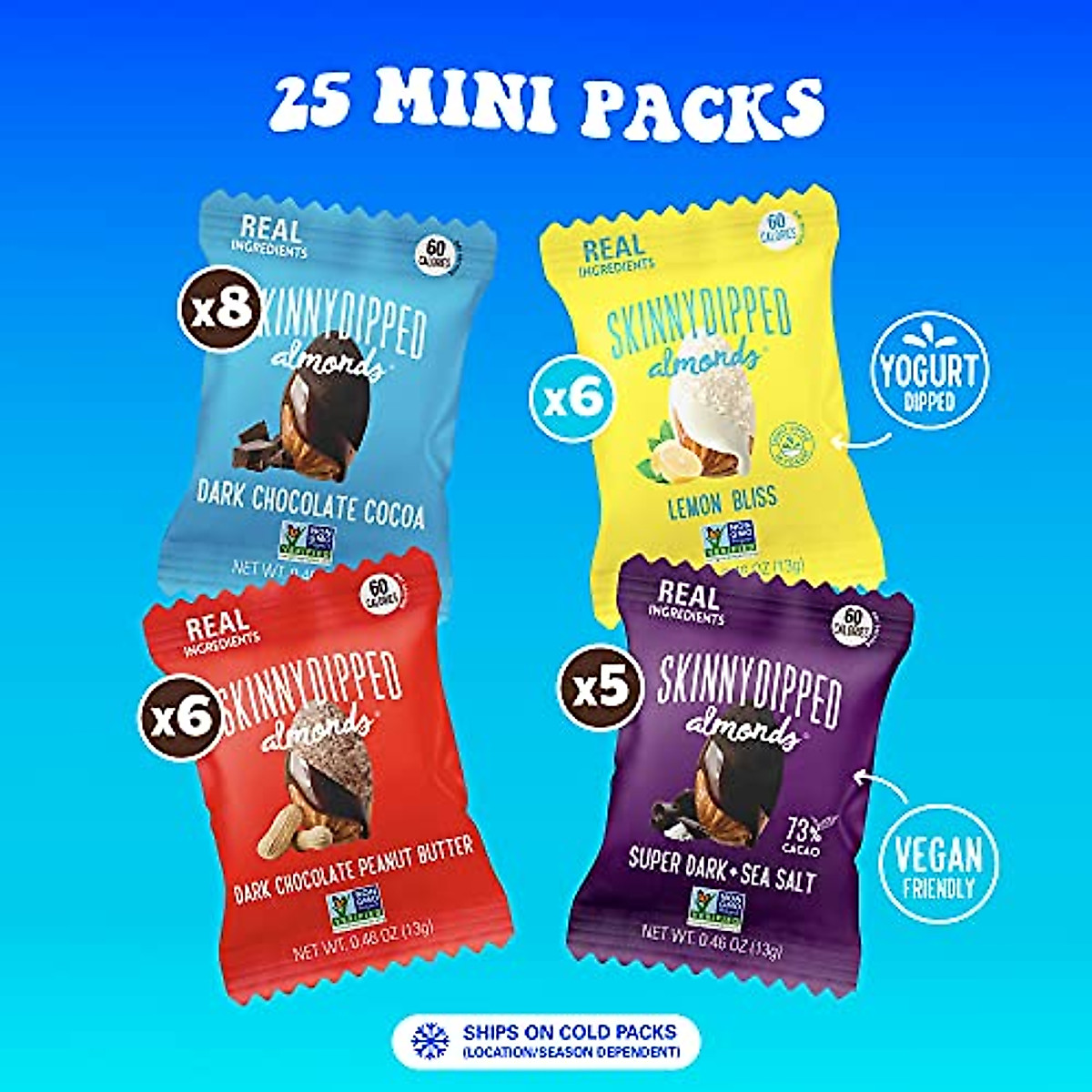 SkinnyDipped Snack Attack Minis Almond Variety Pack, Healthy Snack, Plant Protein, Gluten Free, 0.46 oz Mini Bags, Pack of 25