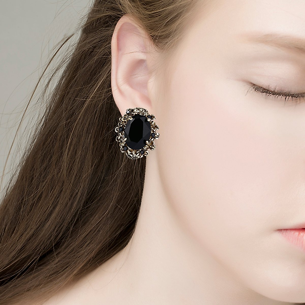 BriLove Victorian Style Clip On Earrings for Women Crystal Floral Cameo Inspired Oval Earrings Black Antique-Gold-Toned.