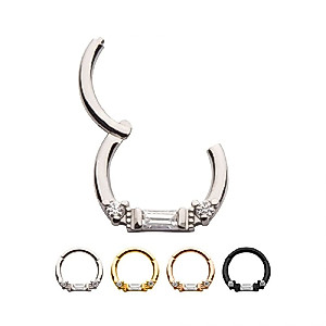 Pierced Owl 16GA Baguette and Round Crystals Front Facing 316L Surgical Stainless Steel Septum Cartilage Helix Daith Hinged Segment Clicker Ring (Rose Gold Tone/Clear)