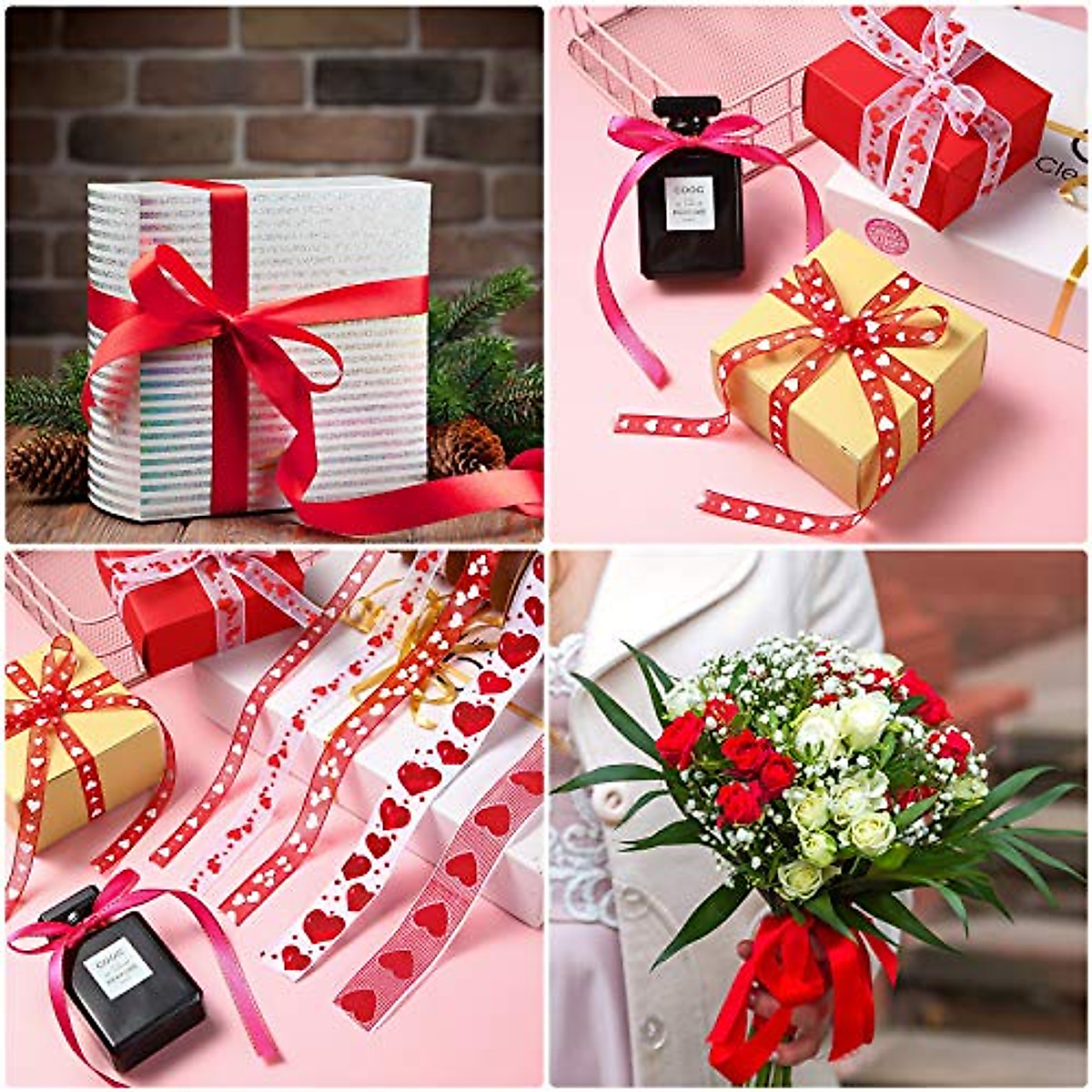 9 Rolls Valentine's Day Ribbons Printed Heart Ribbons Polyester Satin Ribbon Sheer Organza Ribbon Roll Craft Satin Ribbons Wrapping Ribbons with Gold Edge for Valentine's Day Wrapping Wedding Decor