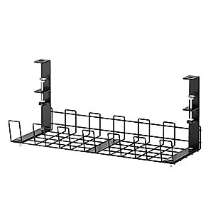 Cable Management Under Desk Tray, 15.35'' No Drill Iron Desk Wire Organizers, Wire Management Tray Cable Management Rack, Desk Cable Tray Desk Cord Organizer with Clamp Mount System and Screws