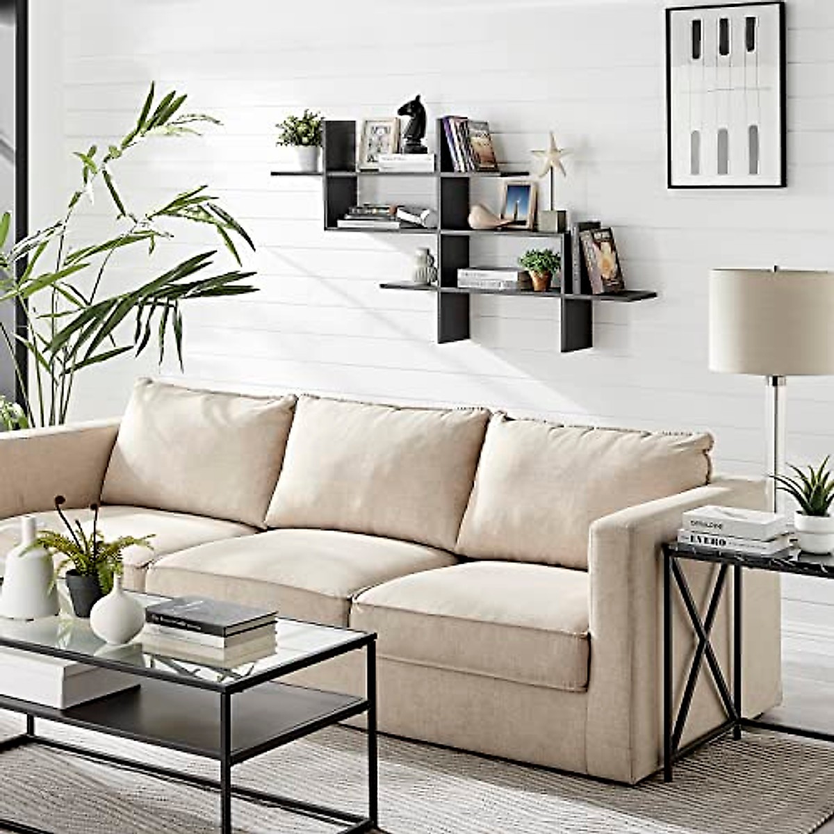 Danya B. 3-Tier Rustic Hanging Wall Mount Floating Ladder Accent Shelf with Criss Cross Asymmetrical Modern Design (Black)