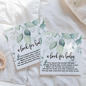 Paper Clever Party Greenery Books for Baby Shower Request Cards - 25 Pack - Rustic Eucalyptus Invitation Inserts - 4x4 Size