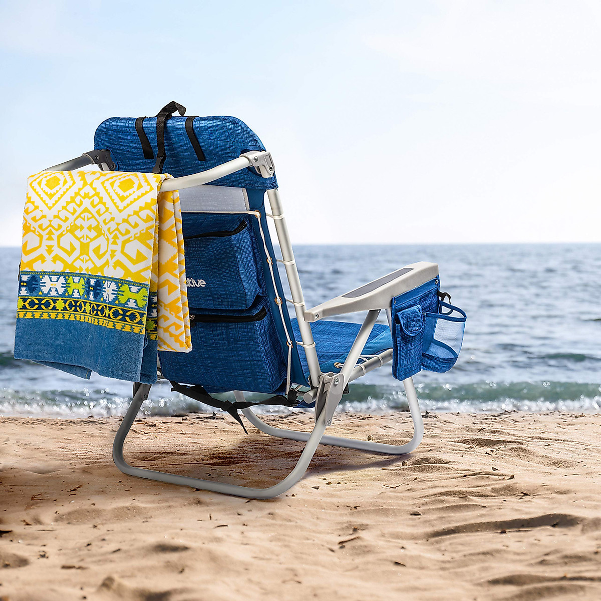 Homevative Folding Backpack Beach Chair with 5 Positions, Towel bar, Cooler Pouch, Storage Pouch, Cup Holder and Phone Holder