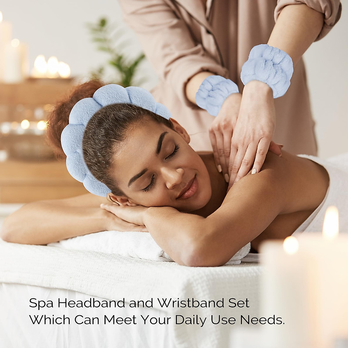 YANGYICHEN Spa Headband Makeup Headband for Washing Face 7pack, Face Wash Headband and Wristband Set - Puffy Terry Cloth Skincare Headband for Women and Girls, Blue