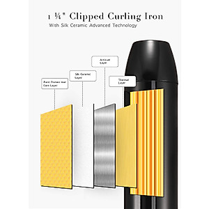 Lanvier 1.25 Inch Clipped Curling Iron with Extra Long Tourmaline Ceramic Barrel, Professional 1 1/4 Inch Hair Curler up to 450°F Dual Voltage for Traveling, Hair Waving Style Tool–Black