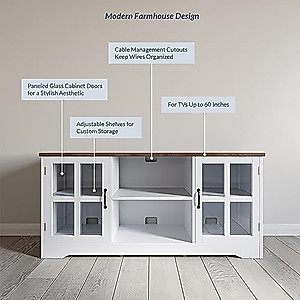 BELLEZE Modern 52 Inch Traditional TV Stand & Media Entertainment Center Console Table for TVs up to 55 Inch or Sideboard Buffet with Wood Glass Storage Cabinets - Cori (White)