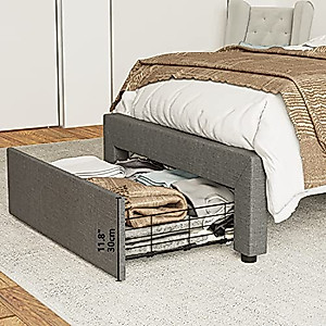 LIKIMIO Twin Bed Frame with XL Under-Bed Drawer, Platform Upholstered with Headboard, No Box Spring Needed/Noise-Free, Grey