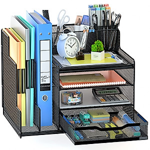 VIVSOL Desk Organizer with Mesh File Holder, 4-Tier Office Supplies Desk Organizers and Accessories with Sliding Drawers, 3 Trays & Pen Holder, Desk File Organizer and Storage for Office, School, Home
