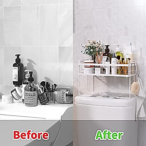 NUTSAAKK Bathroom Over The Toilet Storage Shelf, 1-Tier Bathroom Organizer Over Toilet, Above Toilet Storage with Non-Trace Adhesive, No Drilling Toilet Organizer with Hook (Upgrade White)