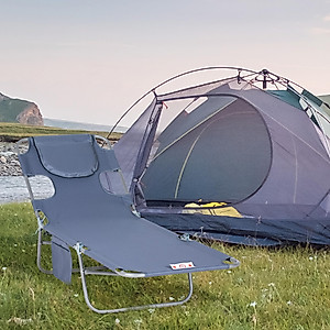 Outsunny Folding Beach Lounge Chair with Face Hole and Arm Slots, 5-Level Adjustable Sun Lounger Tanning Chair with Pillow for Patio, Garden, Beach, Pool, Gray