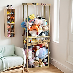 FUIN Stuffed Animal Zoo Storage Cage, Large Wooden Stuffed Animal Jail Organizer, Creative Toy Zoo Storage for Plushies and Squishmallow, Durable Corner Stuffed Animal Tower Holder Display, Natural